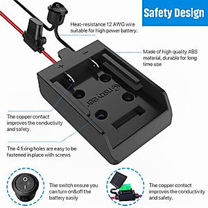 Power Wheel Adapter with Fuse & Switch, Secure Battery Adapter for Dewalt 20V Lithium Battery, with 12 Gauge Wire, Good Power Convertor for DIY Ride On Truck, Robotics, RC Toys and Work Lights, 1 Pack