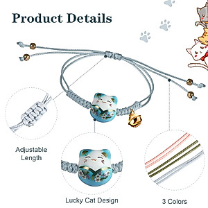 3 Pieces Cat Maneki Neko Bracelet Cute Lucky Cat Ceramic Beads Bracelet Lucky Japanese Fortune String Hand Chain with Bell, Adjustable(Green, Blue, Pink)