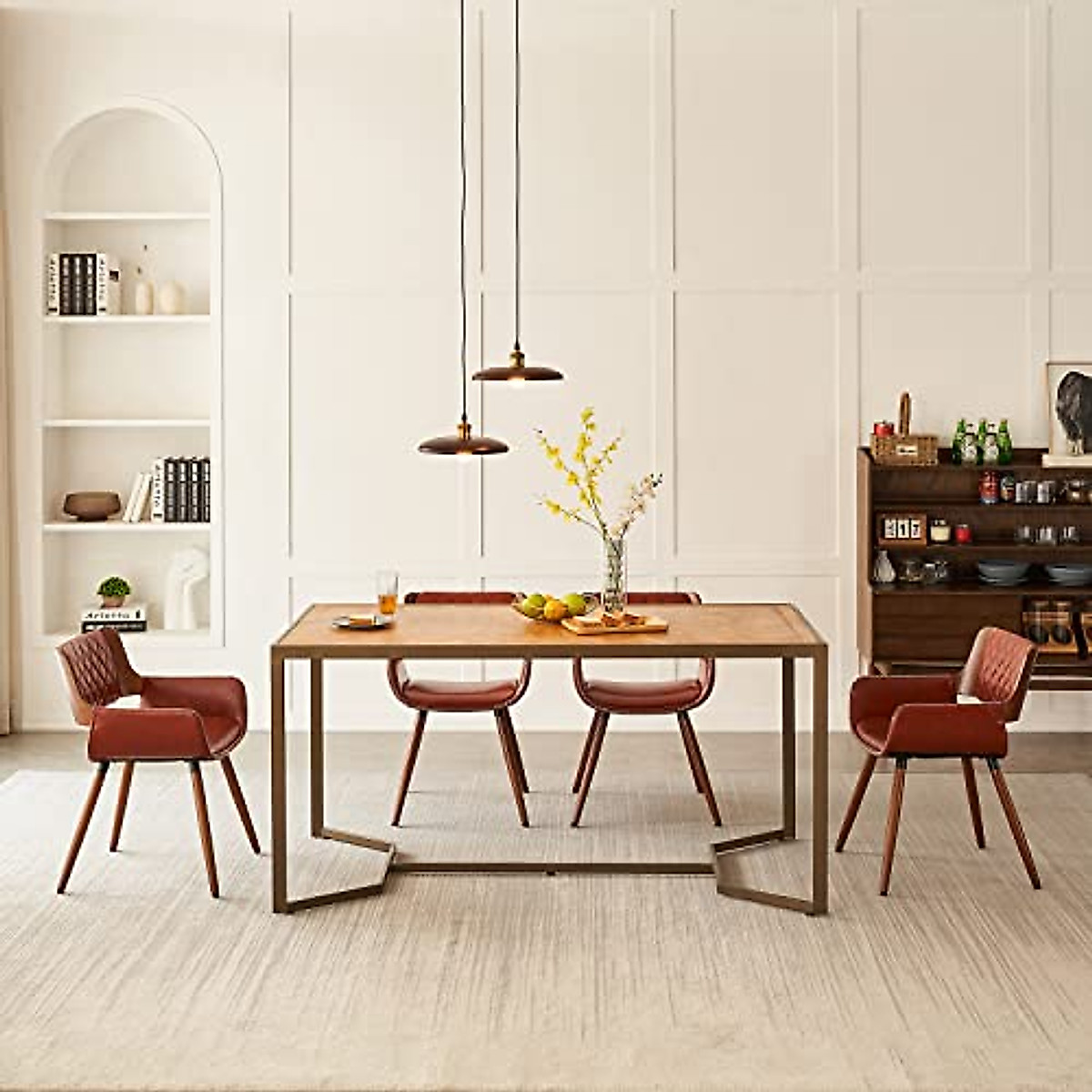 ARTPLAN Mid-Century Modern Accent Bamboo Small Arm Chair with PU Upholstered Dining Chair for Living Room, Set of 2