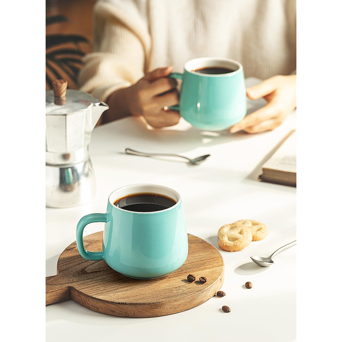 Teocera Porcelain Coffee Mugs Set of 4-12 Ounce Coffee Cups with Handle for Hot or Cold Drinks like Cocoa, Milk, Tea or Water - Smooth Ceramic with Modern Design, Turquoise
