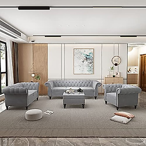 PHOYAL 3 Piece Living Room Set, Chesterfield Velvet Sofa Loveseat Couch Chair with Scroll Arms and Nailhead for Living Room, Office (Grey, 1-2-3)