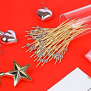 KIMOBER 100PCS Cocktail Picks,Silver Pearl Handmade Bamboo Cocktail Toothpicks for Appetizers Fruit Party,Cocktail Sticks Party Supplies