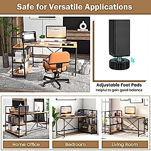 Tangkula Reversible L-Shaped Computer Desk, Space Saving Corner Desk with 3-Tier Storage Shelves & Metal Frame, Modern Executive Home Office Desk, PC Laptop Desk Workstation for Small Space (Walnut)