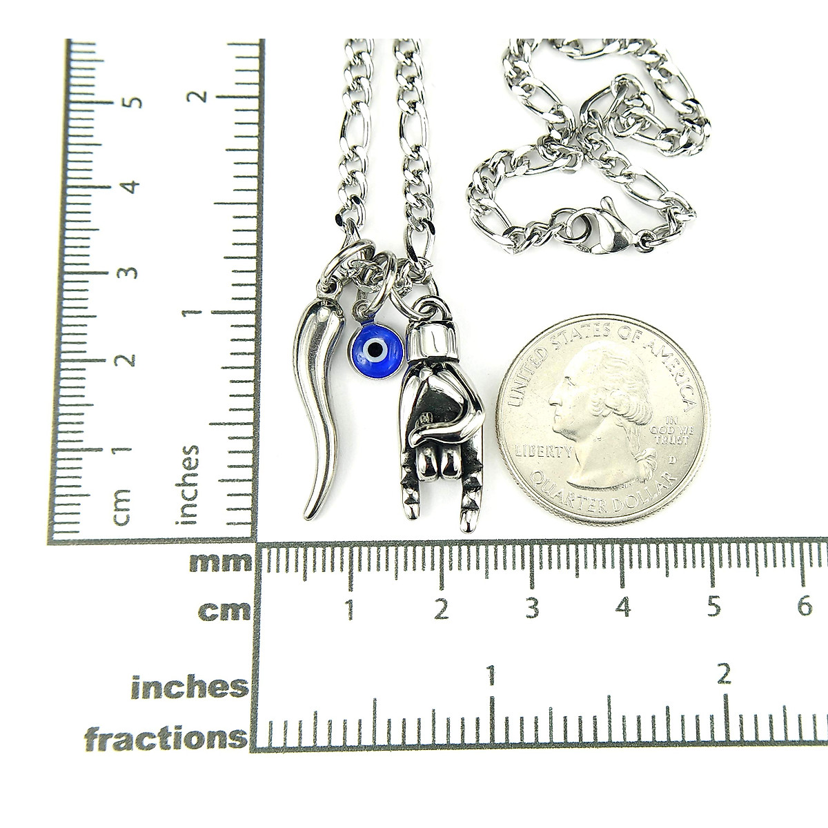 Mano Cornuto, Cornicello, and Nazar combo Necklace, on 20" Figaro Chain, Italian Lucky Hand Horn Anti Evil Eye Good Luck Amulet Protection Charms All Stainless