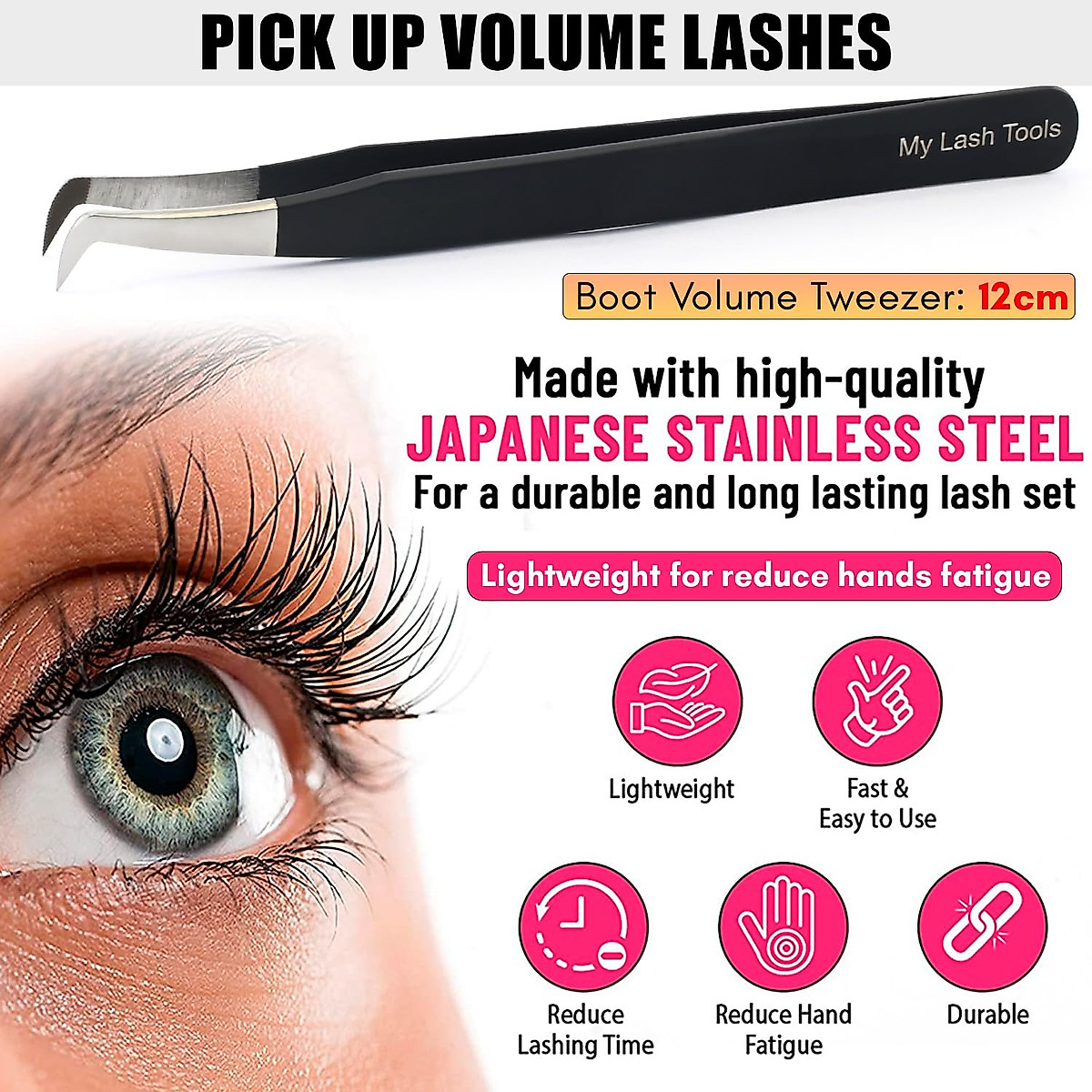 My Lash Tools Fiber Tip Lash Tweezers for Eyelash Extensions Pro Lash Tech Tweezer for Volume Lashes Stainless Steel Mink Lashes Fan Making Mega Volume Boot Lashing Tweezers (Black)