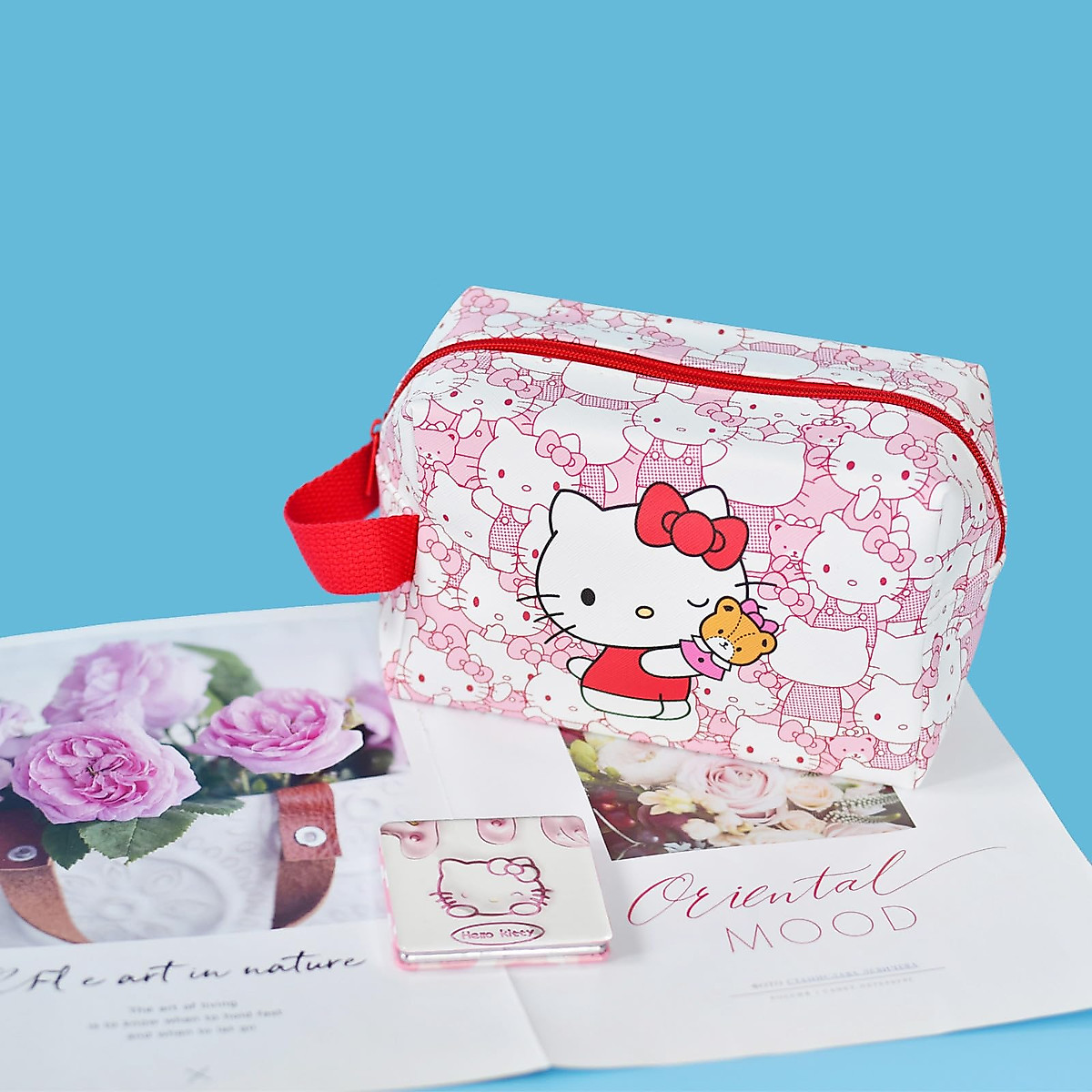 ENENSET kitty Travel Cosmetic Bag, Large Capacity Cartoon Cosmetic Pouch Makeup Bag with Zipper, PU Travel Toiletry Bag Makeup Accessories Organizer, Foldable Storage Bag Makeup Pouch for Girls