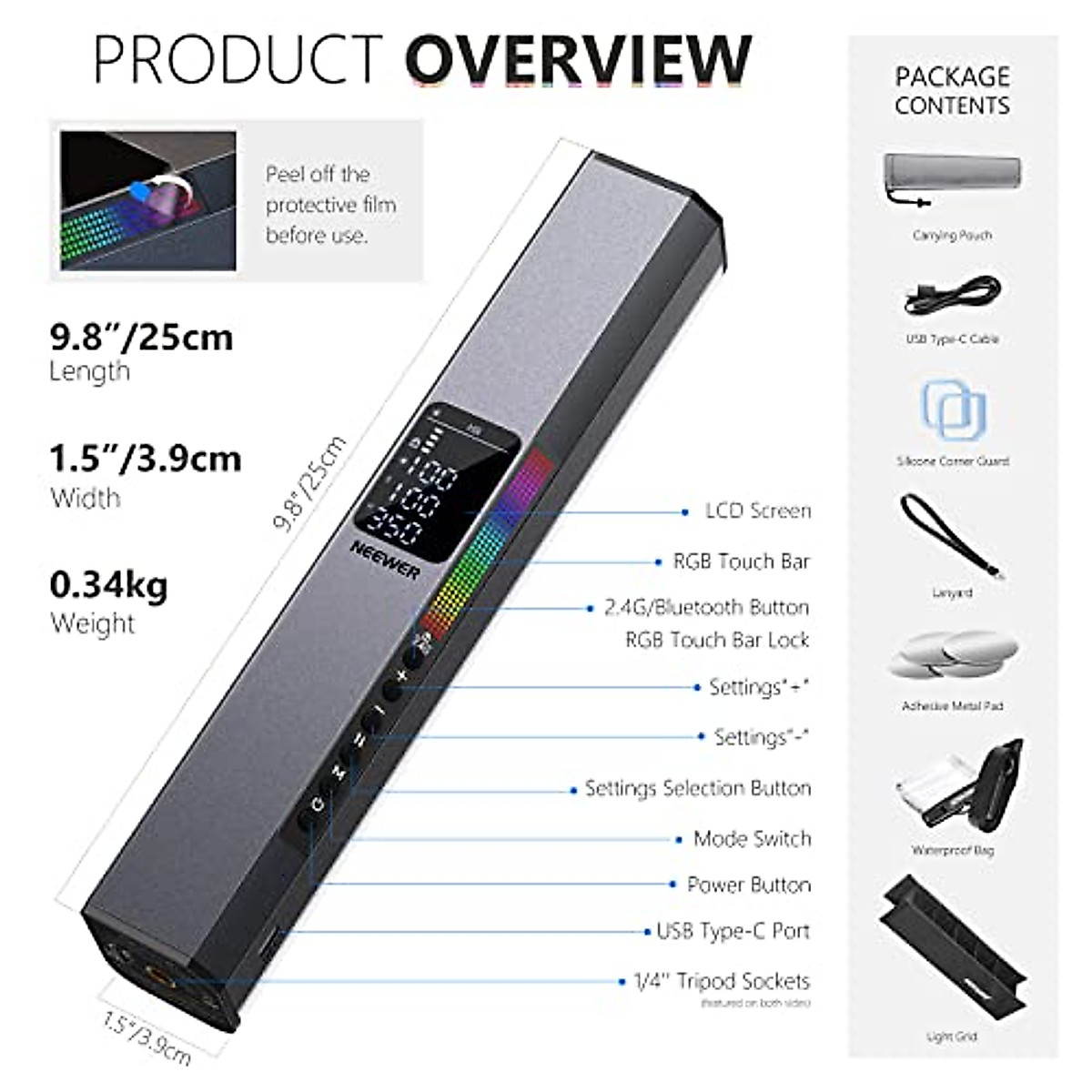 NEEWER RGB LED Video Light Stick, Touch Bar & APP Control, Magnetic Handheld Photography Light, Dimmable 3200K~5600K CRI98+ Full-Color LED Light with 6400mAh Built-in Battery, 17 Light Scenes - RGB1