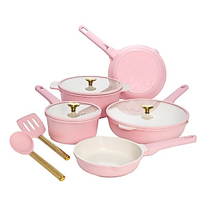 Paris Hilton Ceramic Nonstick Cookware Set, Cast Aluminum with Dual Layer Nonstick Coating, Gold Heart Knobs, Stay-Cool Handles, Made without PFAS, PFOA, PFOS & PTFE, Dishwasher Safe, 10-Piece, Pink