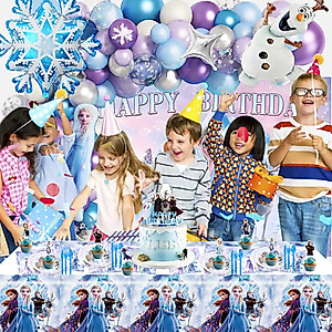 Frozen Birthday Party Supplies, Frozen Party Decorations Includes Snowflake Balloon Garland Arch Kit,Frozen Backdrop, Frozen Tablecloth, Elsa, Snowman and Snowflake Foil Balloon