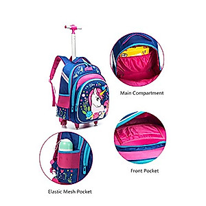 Meetbelify Girls Unicorn Rolling Backpacks Kids Backpack with Wheels for Girls School Bags with Lunch Box