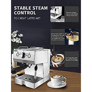 Espresso Machines 15 Bar with Adjustable Milk Frother Wand Expresso Coffee Machine for Cappuccino, Latte, Mocha, Machiato, 1.5L Removable Water Tank, Double Temperature Control System, 1100W, Black