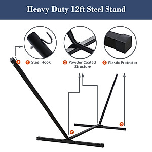 SUNCREAT Outdoor Hammock with Curved Spreader Bar, Patio Double Hammock with Stand, Soft Pillow, 450 lbs Capacity,Dark Blue