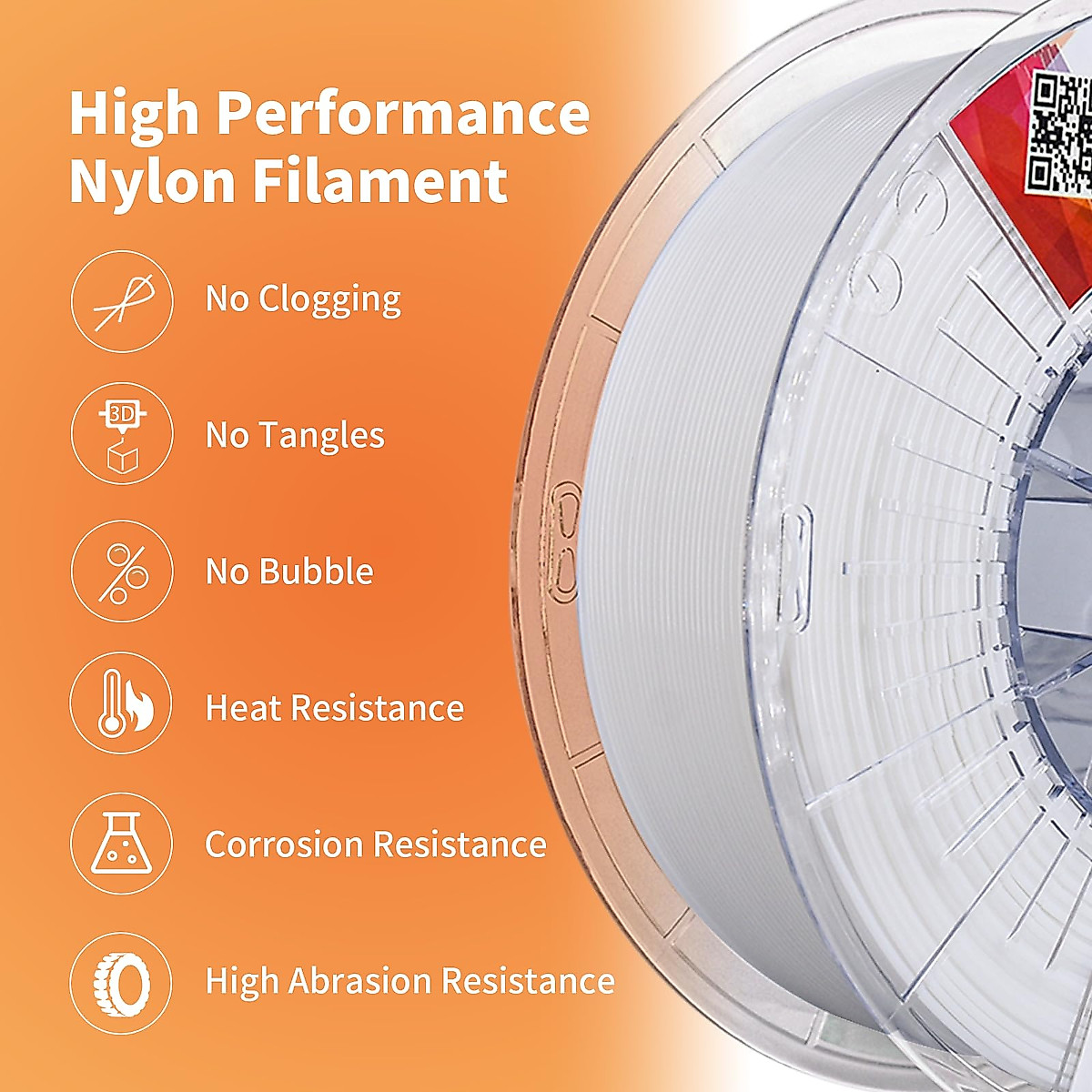 3D Printer Filament Nylon Filament PA6 Nylon Filament 1.75mm White Nylon Clear Spool Net Weight 2.2 lbs 1kg 3d Printing Filament High Strength Durability Heat Resistance 3d Printer Accessories Easy PA