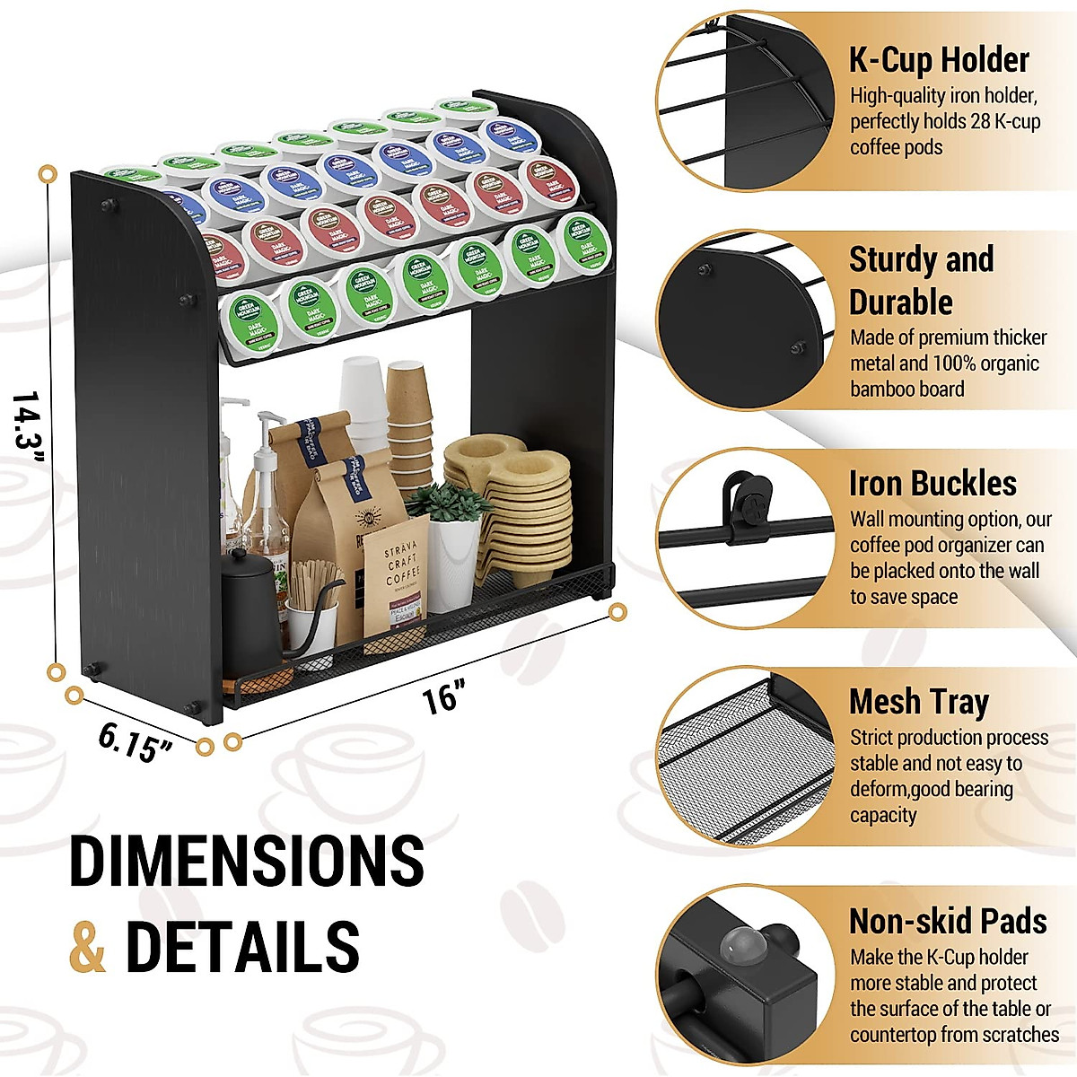 K Cup Coffee Pod Holder - K Cup Holders for Counter, K Cup Holder, Coffee Pod Organizer for Coffee Bar Accessories, Easy Assembly, KCup Coffee Station Organizer for Countertop, Home or Office (Black)