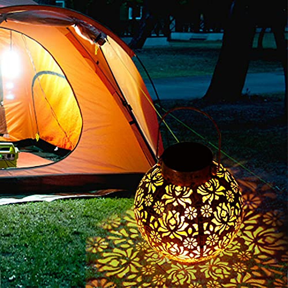 DUSVALLY Solar Lantern Hanging Waterproof Solar Lights for Patio, Backyard & Tree, 2 Pack Garden Decoration Lantern Light with Hollow-Out Retro Design, 7"H, Bronze