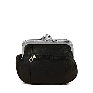 Women's Leather Metal Frame Double Clasp Zipper Coin Purse 5 1/4" x 3 1/4" (Black)