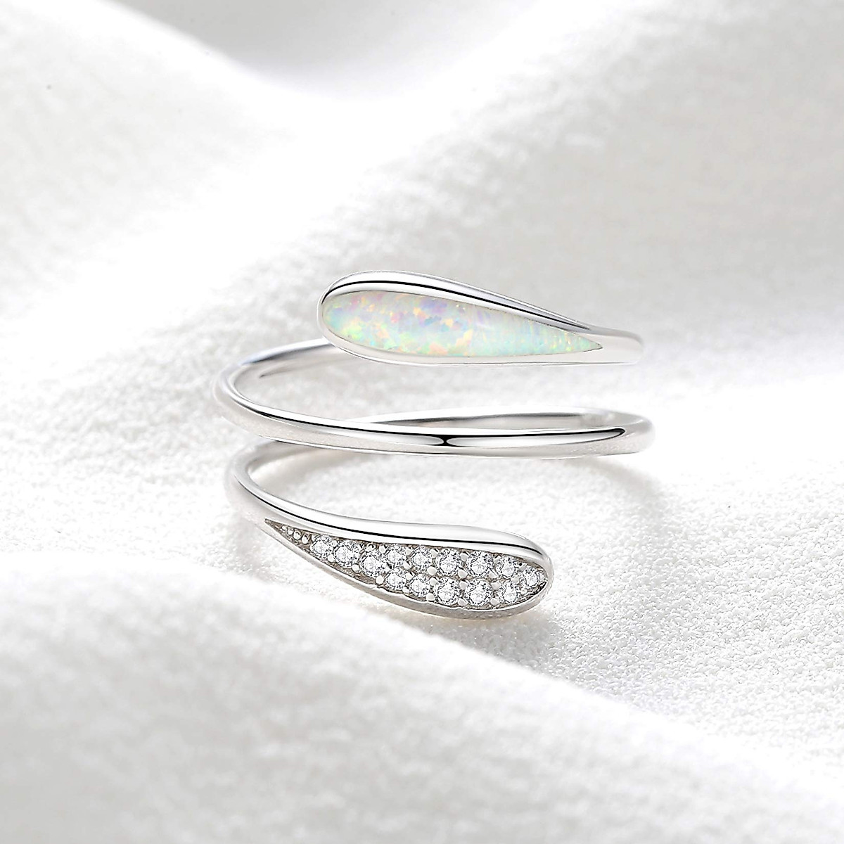 VIKI LYNN 925 Sterling Silver Opal Helix Stacking Rings with Cubic Zirconia Spiral Rings for Women