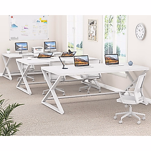 LVB 70.8" Long Desk, Modern Large White Computer Desk for Home Office Work, Wood Metal Computer Table for Writing Study in Bedroom, Simple Gaming Desk for 2 Monitor Workstation, White Oak, 70 in