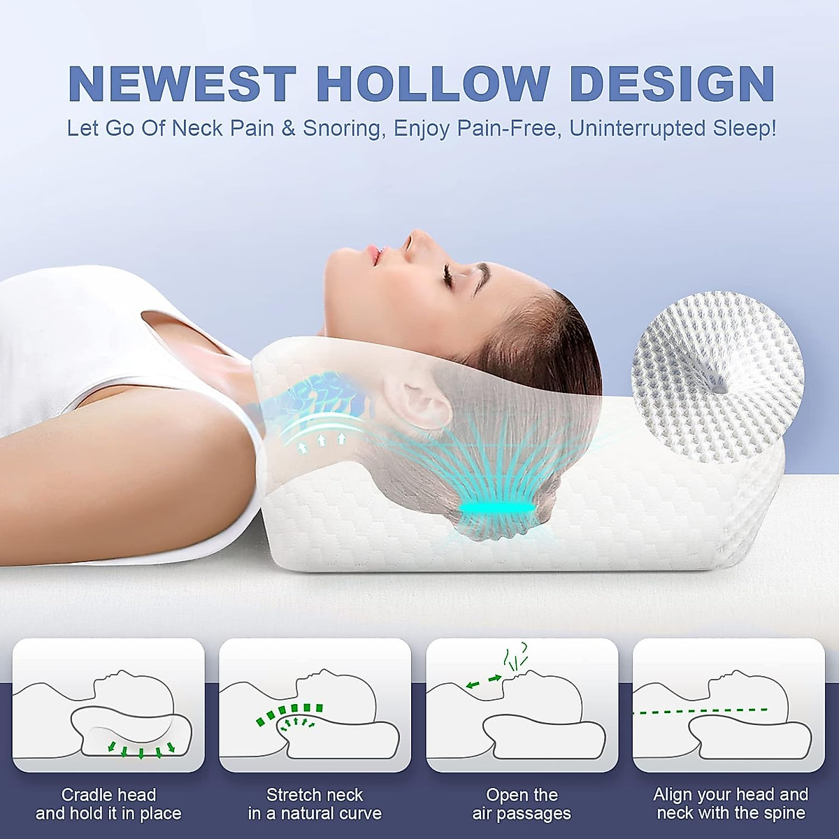 Famedio Adjustable Cervical Pillow for Neck Pain Relief, Hollow Bed Memory Foam Plus Support, Odorless Orthopedic Bed Pillows for Sleeping, Shoulder Pillow for Side Back Stomach Sleeper