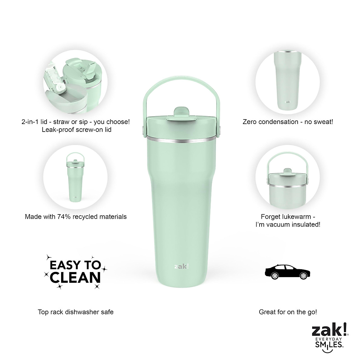 Zak Designs Harmony 2-in-1 Coffee Tumbler for Travel or At Home, 30oz Recycled Stainless Steel is Leak-Proof When Closed and Vacuum Insulated with Handle (Icicle Mint Green)