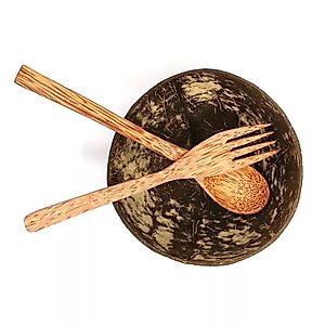 CEREM Coconut Bowl & Wooden Spoon, Fork Set - Handmade Natural Coconut Bowls for Acai, Smoothie, Buddha Bowls - Eco Friendly Vegan Gifts, Kitchen Decor - 1 Set, Polished