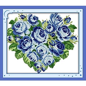 14 CT Cross Stitch Kits for Beginners Blue Rose Heart Printed Cotton Canvas Stamped Cross-Stitch Supplies Needlework Printed Embroidery Kits DIY Kits Needlepoint Starter Kits 32×28cm