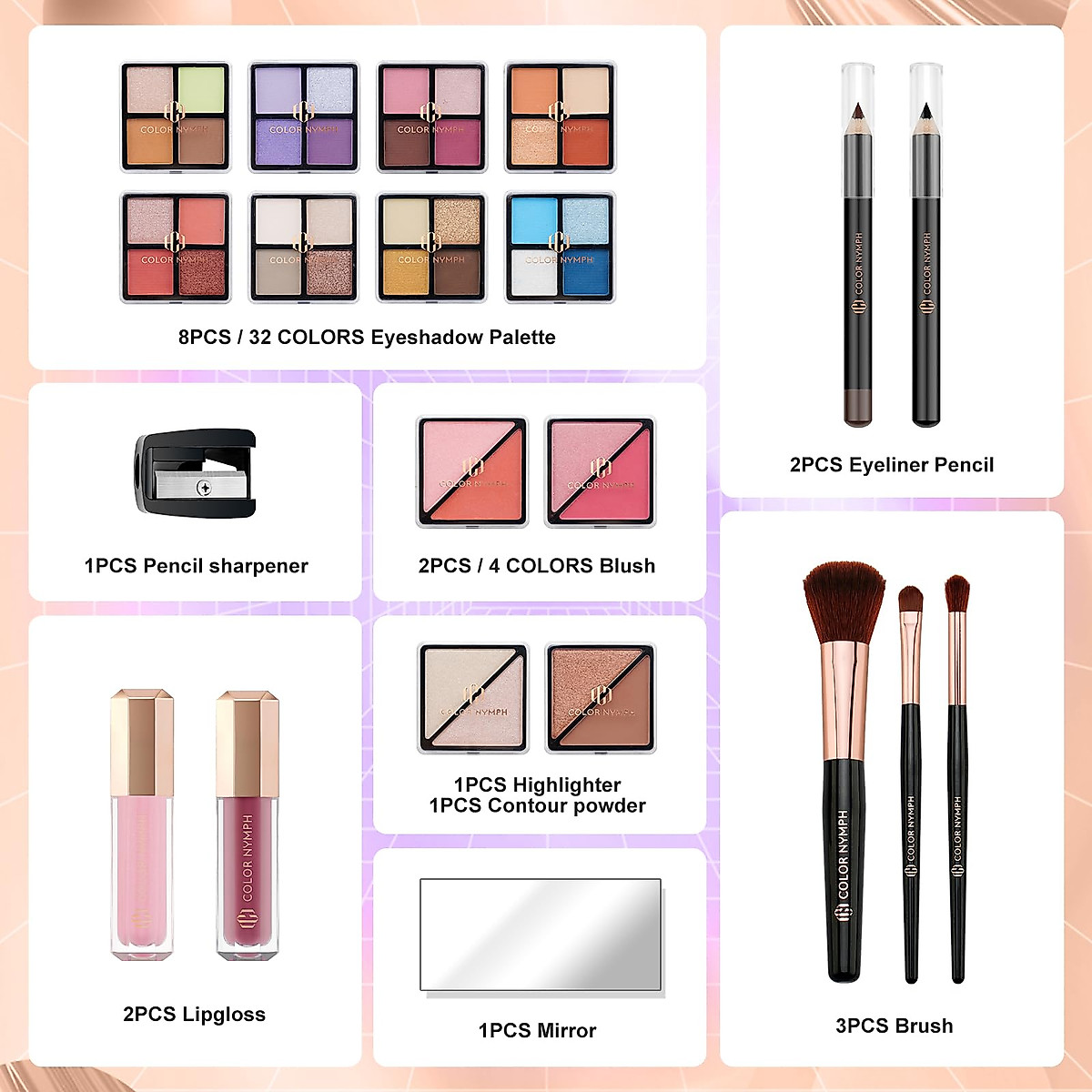Color Nymph Beginner Makeup Kit For Girls With Train Case, Full Starter Cosmetics Makeup Set Included Included 32 Colors Eyeshadow, Bronzer, Contour Powder, Blush, Highlighter, Lip Gloss (Pink)