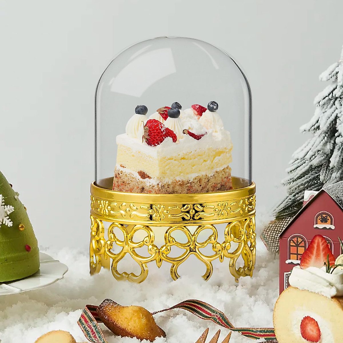 12 Pack Cake Plate Stand with Dome Cover (Gold), Mini Cloche Display, Display Cakes, Figurines (12 Gold)