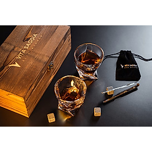 Luxury Whiskey Glass Set of 2, Gift Set in Wooden Box, Includes 9 Whiskey Ice Stones, Velvet Bag and Stainless Steel Tongs. Great Gift for Men, Dad, Christmas