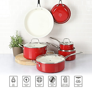Martha Stewart Lockton Premium Nonstick PFA Free Ceramic Interior 10 Piece Enamel Heavy Gauge Aluminum Pots and Pans Cookware Set - Red