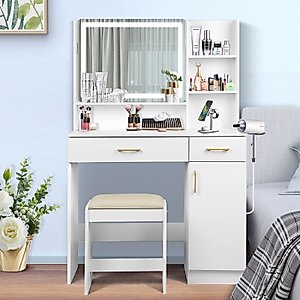 QUALIKRAFT Vanity Set, Vanity Desk with Mirror and Lights, Vanity Desk with Drawers, Vanity with Charging Station, Vanity with Chair, Vanity with Storage, White Vanity, Makeup Vanity，Bedroom Vanity