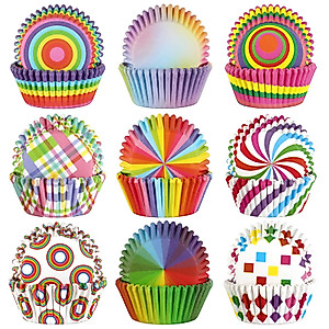 SANNIX 450pcs Rainbow Cupcake Liners,Colorful Cake Baking Cups Cupcake Wrappers Paper Wraps Muffin Liners for Spring Birthday Pride Party Candy Cake Decorations Supplies(9 Designs)