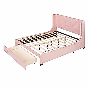 FIQHOME Queen Size Storage Bed,Velvet Upholstered Platform Bed with Wingback Headboard,Solid Wood Bed Frame with a Big Drawer,for Bedroom Guestroom,Easy Assembly,Pink