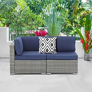 Patiorama 2-Piece Patio Furniture Set, Outdoor Sectional Sofa, All-Weather Grey PE Wicker Rattan Conversation Set,Outdoor Couch Loveseat,Patio Seating for Porch Balcony Garden Pool(Navy Blue Cushion)