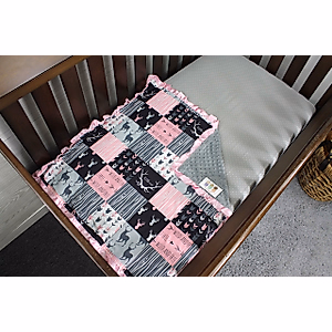 Baby Blanket - Minky, Deer, Arrows and Antlers, Pink with Gray and Black, with Pink Ruffles
