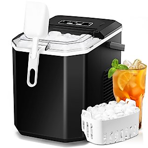 Ice Makers Countertop with Self-Cleaning, 9 Ice Cubes in 6Mins, 26.5lbs/24Hrs, Portable Ice Maker with Ice Scoop/Basket for Kitchen/Home/Bar, Black