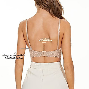 Women's Plunge Deep V Low Cut Lace Push Up Bra Underwire Convertible Low Back Bra Khaki