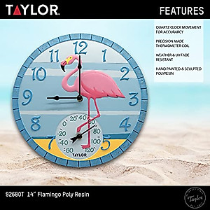 Taylor Flamingo Poly Resin Indoor and Outdoor Clock and Thermometer, 14 Inch, Multi-Color