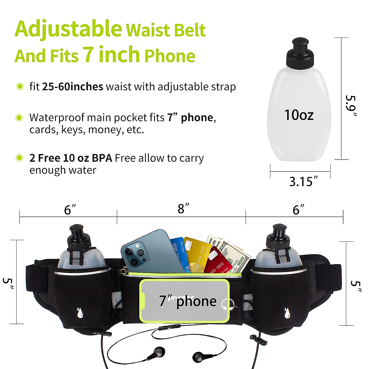 PYFK Upgraded Running Belt with Water Bottles, Hydration Belt for Men and Women, Water Bottle Holder Running Pouch Belt, Fanny Pack Fits 7 inches Phones, Waist pack for Running Hiking (Green)