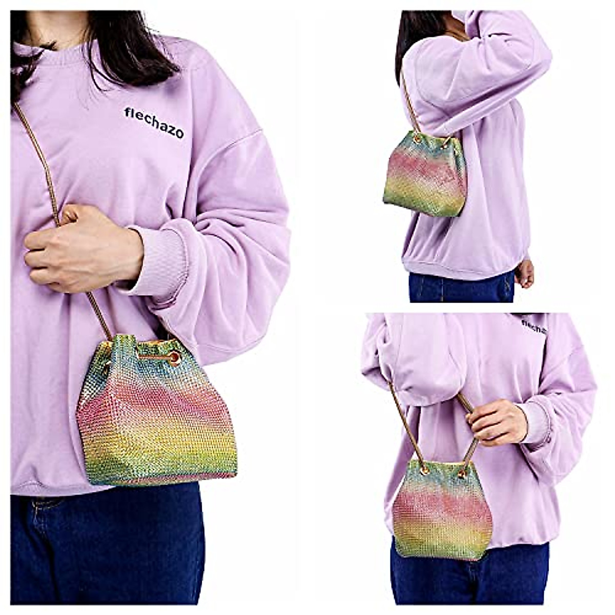 Ayliss Women's Full Rhinestones Bucket Bag Mini/Small Crossbody Shoulder Evening Shinny Bling Clutch Purse Bucket Handbag (Rainbow(Mini))