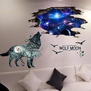 AMODA 3D Galaxy Outer Space Wall Decor,Self-Adhesive Wolf and Moon Sofa Backdrop TV Background Wall Decors,Creative Broken Wall Art Mural for Teen Bedroom Living Room Nursery Playroom