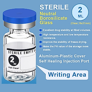 Threlaco 20 Sealed Sterile Empty Vials with Self Healing Injection Port Glass Penicillin Bottle with 20 Label Stickers (2ml)