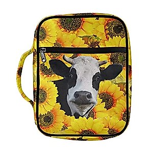 Drydeepin Cute Cow Cattle Yellow Sunflower Print Bible Case for Women Bible Journaling Supplies Bible Carrying Bag with Zipper Bible Book Covers Large Briefcase Bag for Work