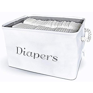 APPLE PIE ORDER Diaper holder, Storage & organizer Basket for Nursery, Baby boy or girl. White Canvas fabric Decorative Bin with Gray Embroidering.