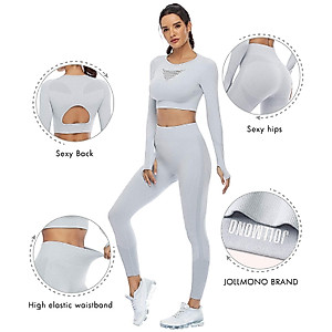 JOLLMONO Workout Sets for Women 2 Piece Yoga Gym Outfits Seamless Ribbed Leggings with Long Sleeve Tops(8003S-Ice grey)