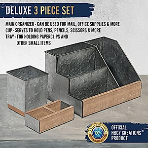 HBCY Creations Rustic Galvanized Desk Organizer Set, 3 Piece Rustic Mail Organizer for Desktop - Great for Rustic or Industrial Home Decor.
