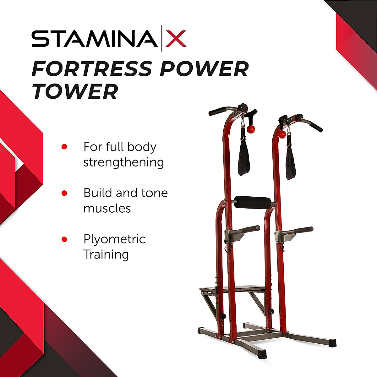 Stamina X Fortress Power Tower with Plyo Box - Dip Bar Pull Up Bar Station with Smart Workout App - Dip Bars for Home Workout - Up to 250 lbs Weight Capacity - Red