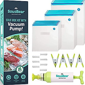 Sous Vide Bags 52 PCS - 30 Reusable Vacuum Food Sealer Bags for Anova, Joule Cookers - 3 Sizes Sous Vide Bag Kit with Pump - 4 Sous Vide Bag Clips for Food Storage and Sous Vide Cooking
