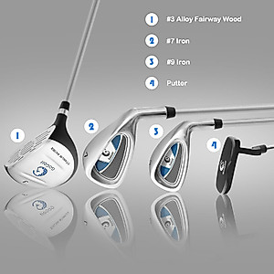 Tangkula Junior Golf Club Set for Children Right Hand, Includes #3 Fairway Wood & #7/#9 Irons, Putter, Head Cover & Rain Hood, Golf Stand Bag, Perfect for Children, Kids