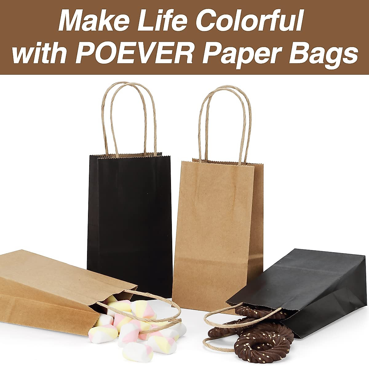Poever Small Kraft Paper Bags 25 Pack Mini Black Paper Bags 3.5x2.4x6.7 Small Gift Bags with Handles Bulk for Party Favor Small Business